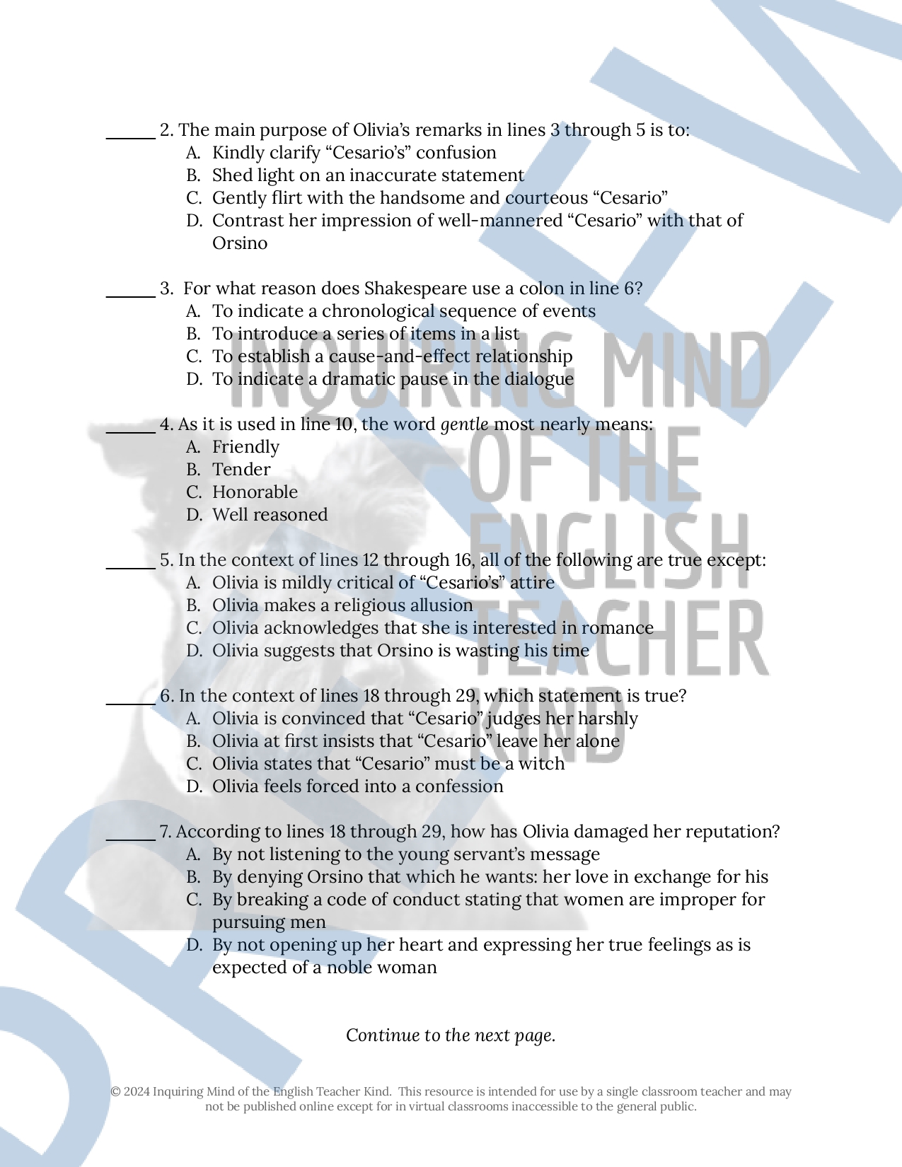 Twelfth Night Act 3 Scene 1 Close Reading Analysis Worksheet | Made By ...