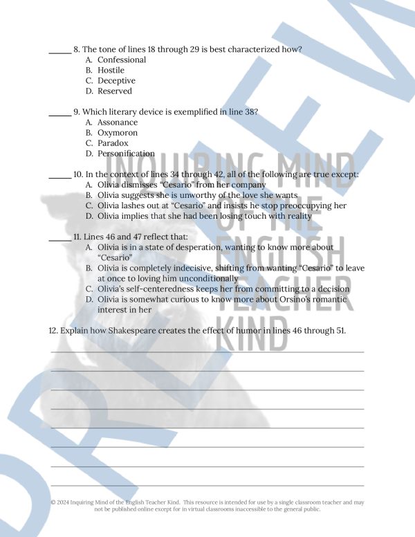 Twelfth Night Act 3 Scene 1 Close Reading Analysis Worksheet - Made By ...