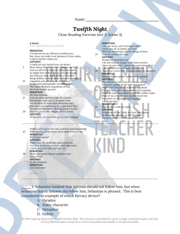 Twelfth Night Act 3 Scene 3 Close Reading Analysis Worksheet | Made By ...