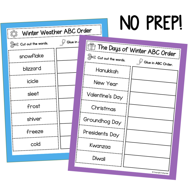 Winter ABC Order Worksheets Cut & Paste Activities Alphabetizing | Made ...