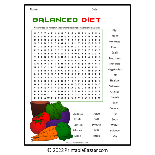 Balanced Diet Word Search Puzzle | Made By Teachers