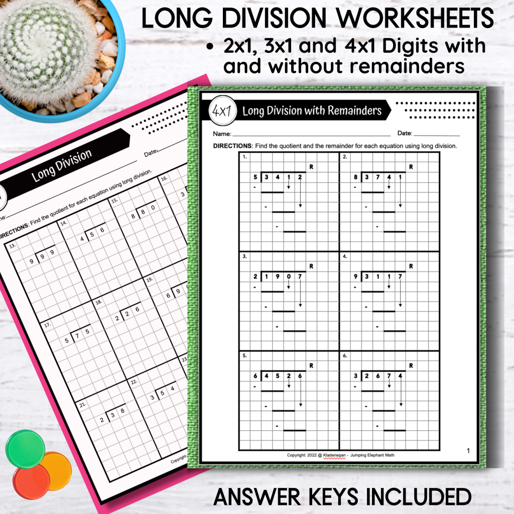 Multiplication and Long Division With and Without Remainders Worksheet ...