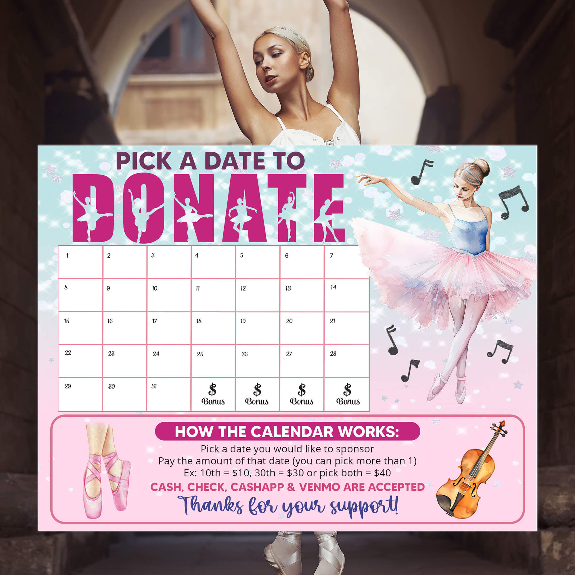Dance Themed Pay The Date Donation Calendar, Dance Pick a Date to ...