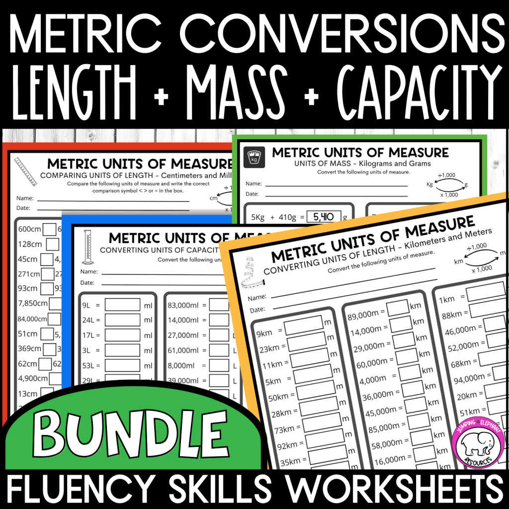 Converting Metric Units of Length Mass and Capacity Worksheets Bundle ...
