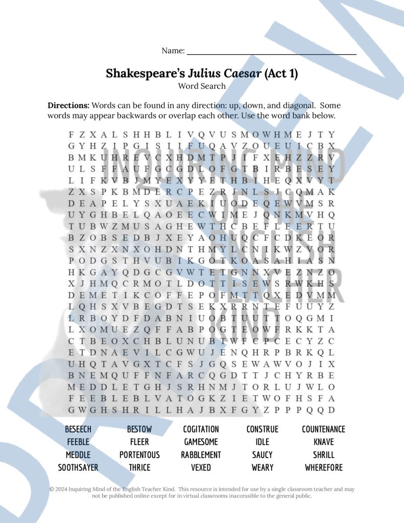 Shakespeare's Julius Caesar Act 1 Vocabulary Games for High School ...