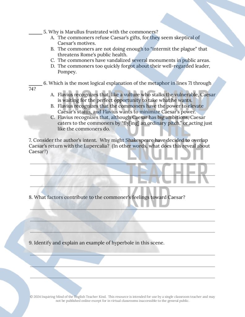 Julius Caesar Act 1 Quiz, Close Reading Worksheets, and Vocabulary ...