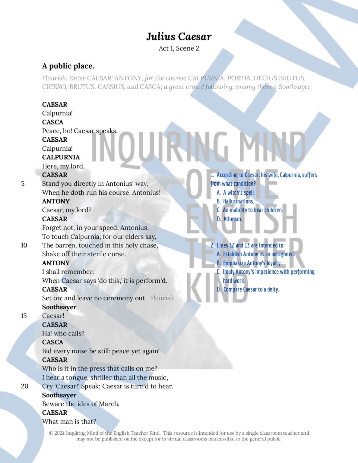 Julius Caesar Act 1 Quiz, Close Reading Worksheets, and Vocabulary ...