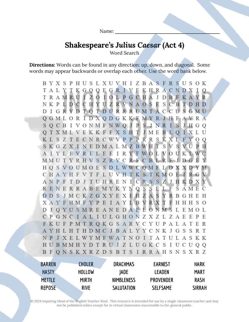 Shakespeare's Julius Caesar Act 4 Vocabulary Games for High School ...