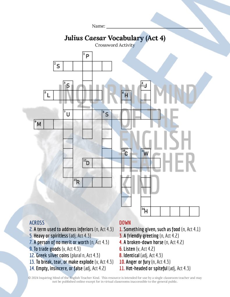 Julius Caesar Act 4 Quiz, Close Reading Worksheets, and Vocabulary ...