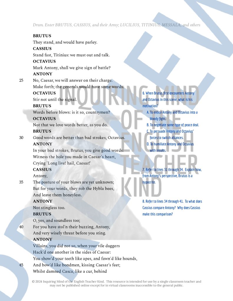 Julius Caesar Act 5 Quiz, Close Reading Worksheets, and Vocabulary ...