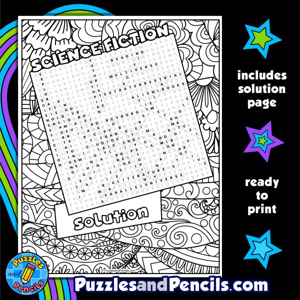 Science Fiction Word Search Puzzle with Coloring | Literature Genres ...