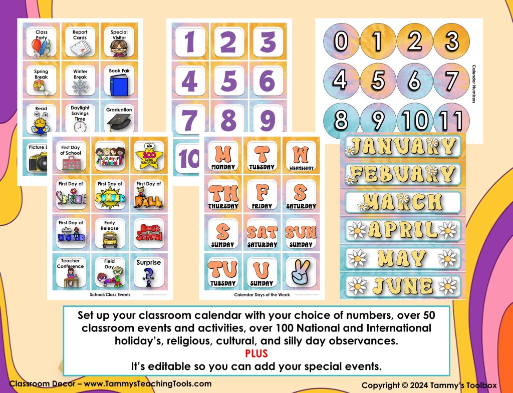 Retro Groovy Gnome Classroom Calendar Set Editable, Bulletin Board Kit ...