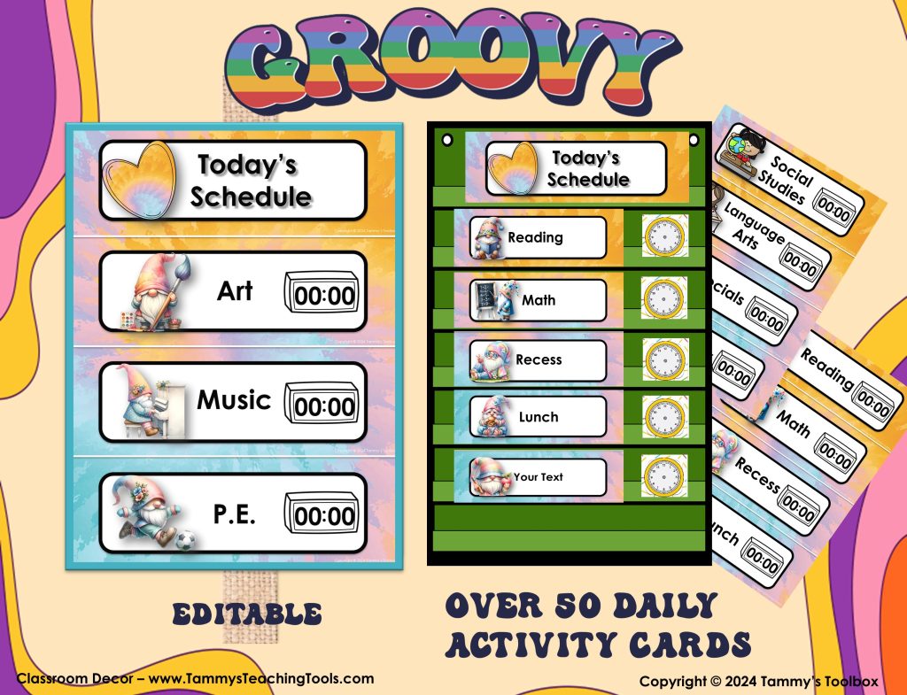 Retro Groovy Class Daily Schedule Cards, Editable Retro Theme Classroom ...