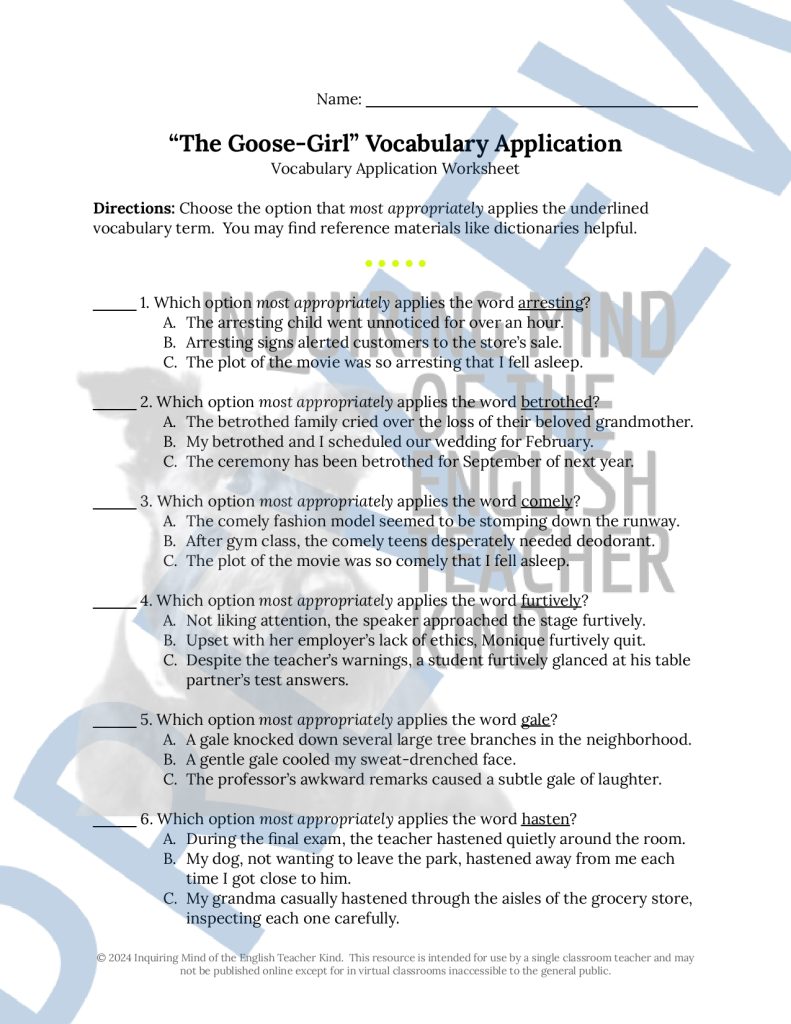 "The Goose Girl" by the Brothers Grimm Vocabulary Games for High School ...