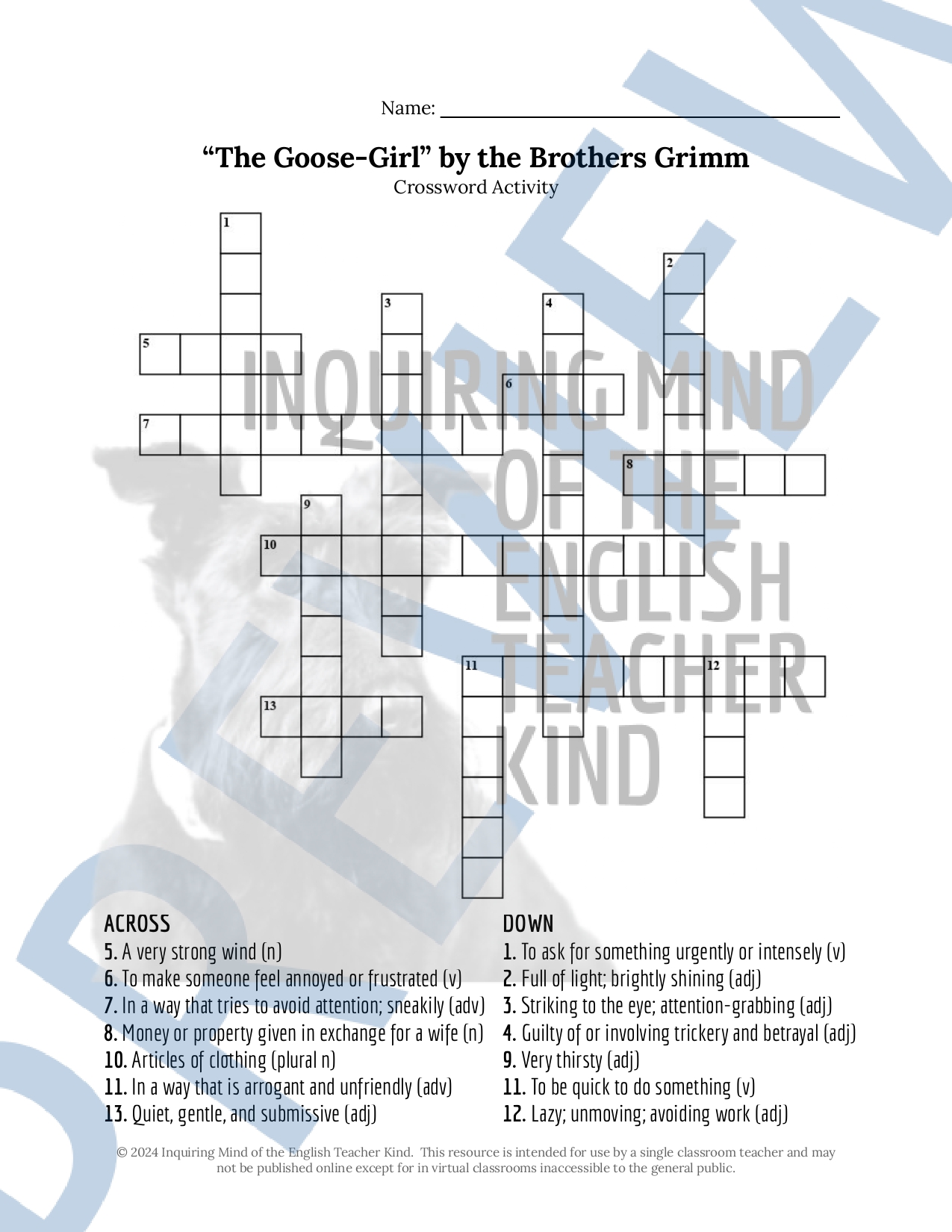 "The Goose Girl" by the Brothers Grimm Vocabulary Games for High School ...