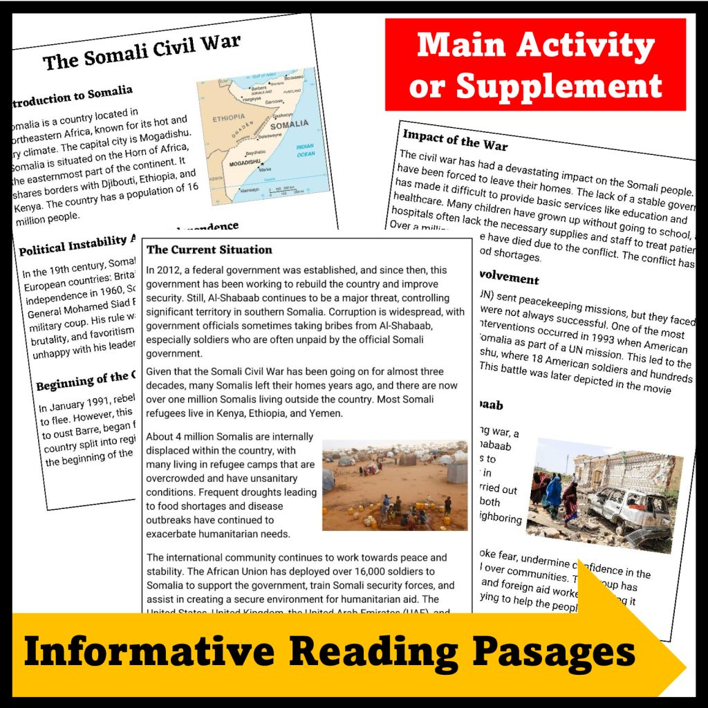 Somali Civil War Reading Comprehension Lesson- Worksheets and Blank Map ...
