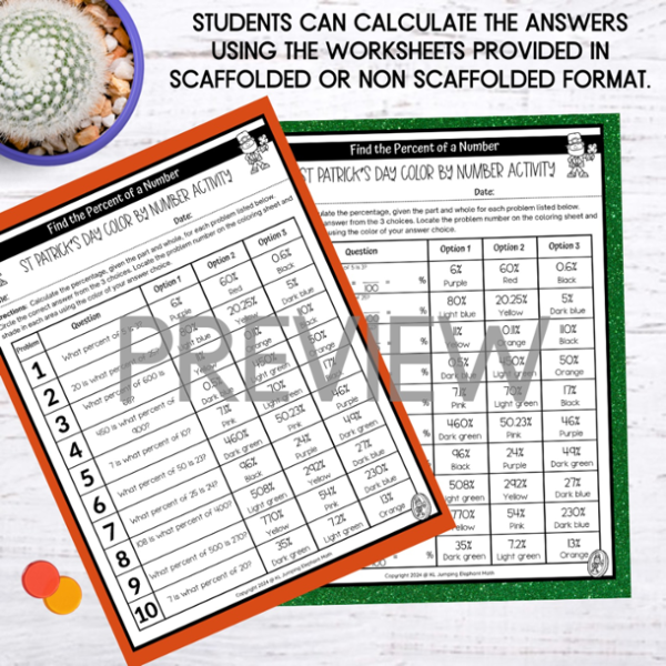 St Patrick's Day Find the Percent of a Number Color by Number Activity ...