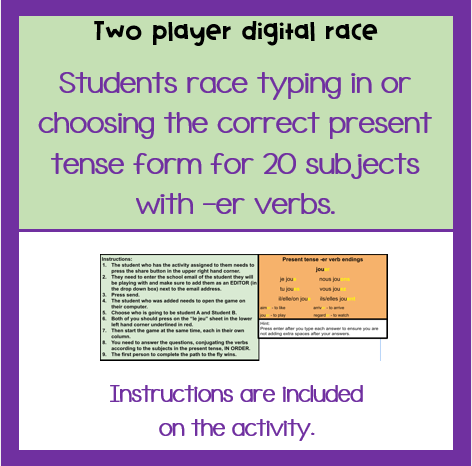 French Present Tense -er Verb Conjugations Two Player Digital Race Game ...
