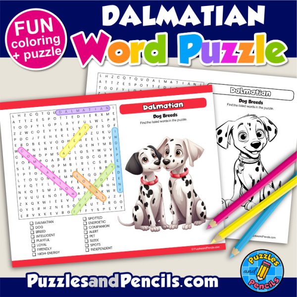 Dalmatian Word Search Puzzle Activity Page and Coloring | Dog Breeds ...