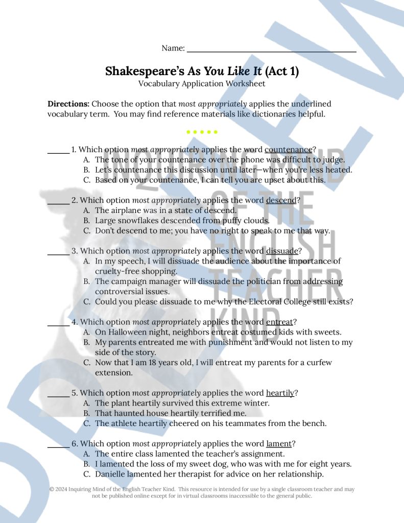 As You Like It Act 1 Quiz, Close Reading Worksheets, and Vocabulary ...