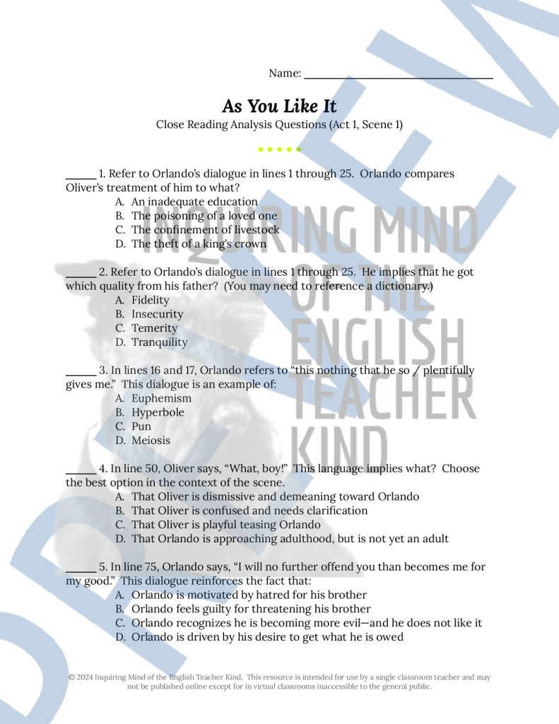 As You Like It Act 1 Quiz, Close Reading Worksheets, and Vocabulary ...