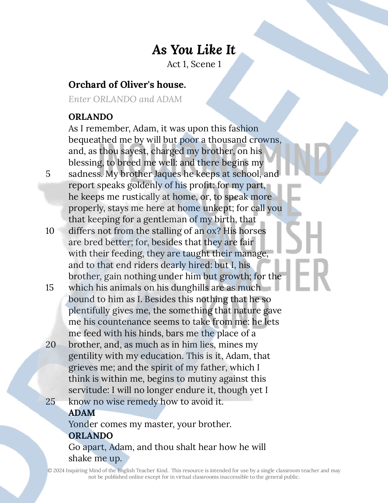 As You Like It Act 1 Quiz, Close Reading Worksheets, and Vocabulary ...