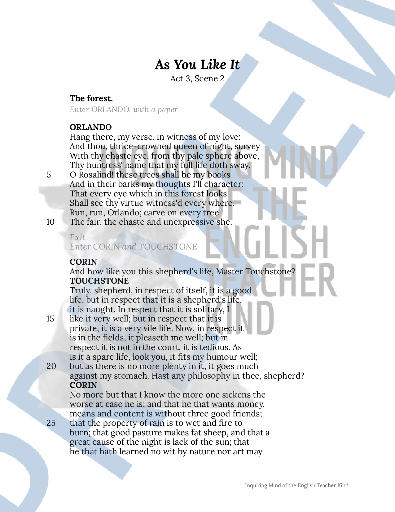 Shakespeare's As You Like It Act 3 Scene 2 Close Reading Analysis ...
