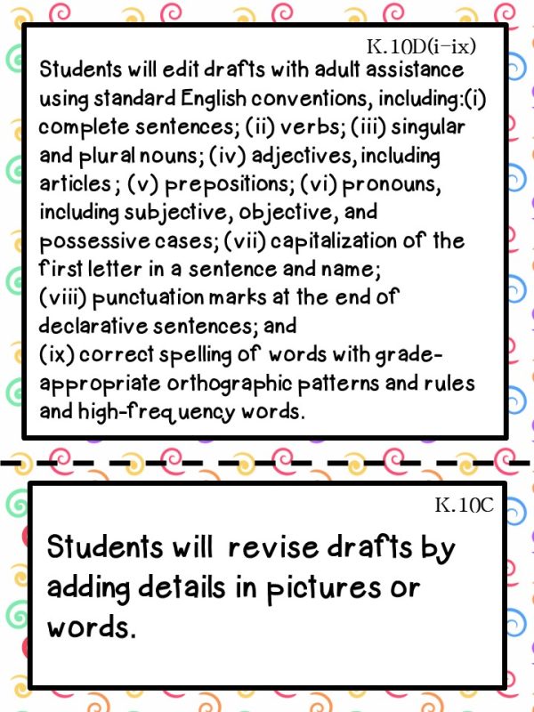 Kindergarten | Reading/Writing TEKS Learning Objective Posters | (3 ...