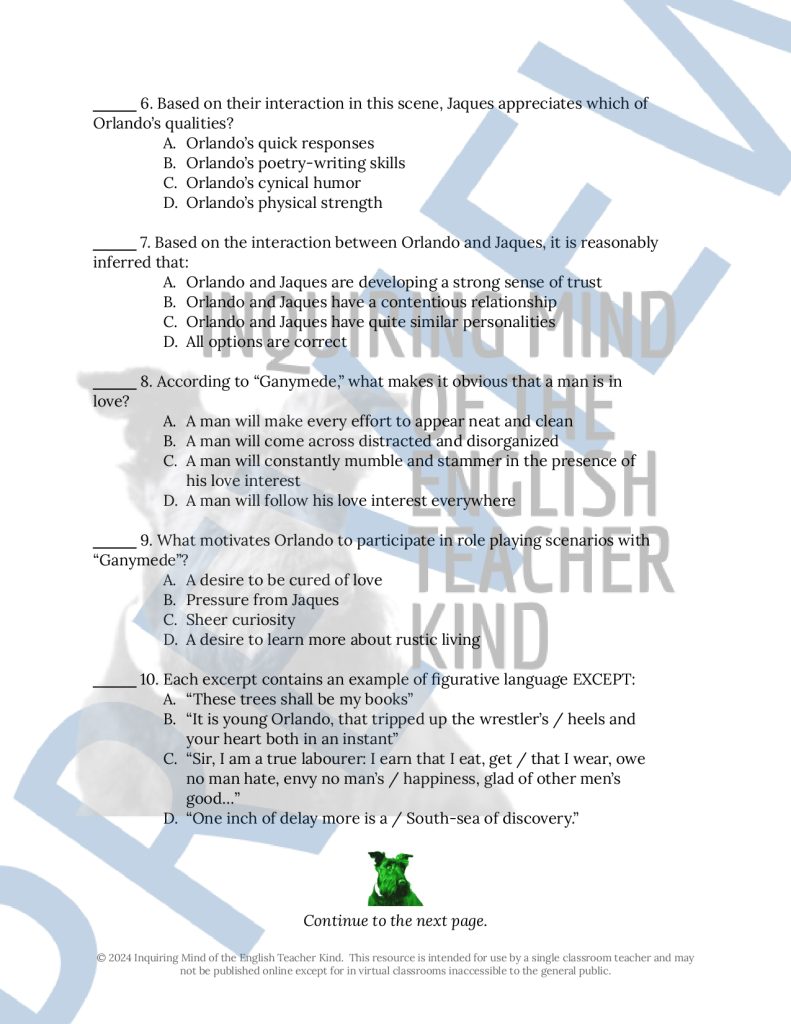 As You Like It Act 3 Quiz, Close Reading Worksheets, and Vocabulary ...