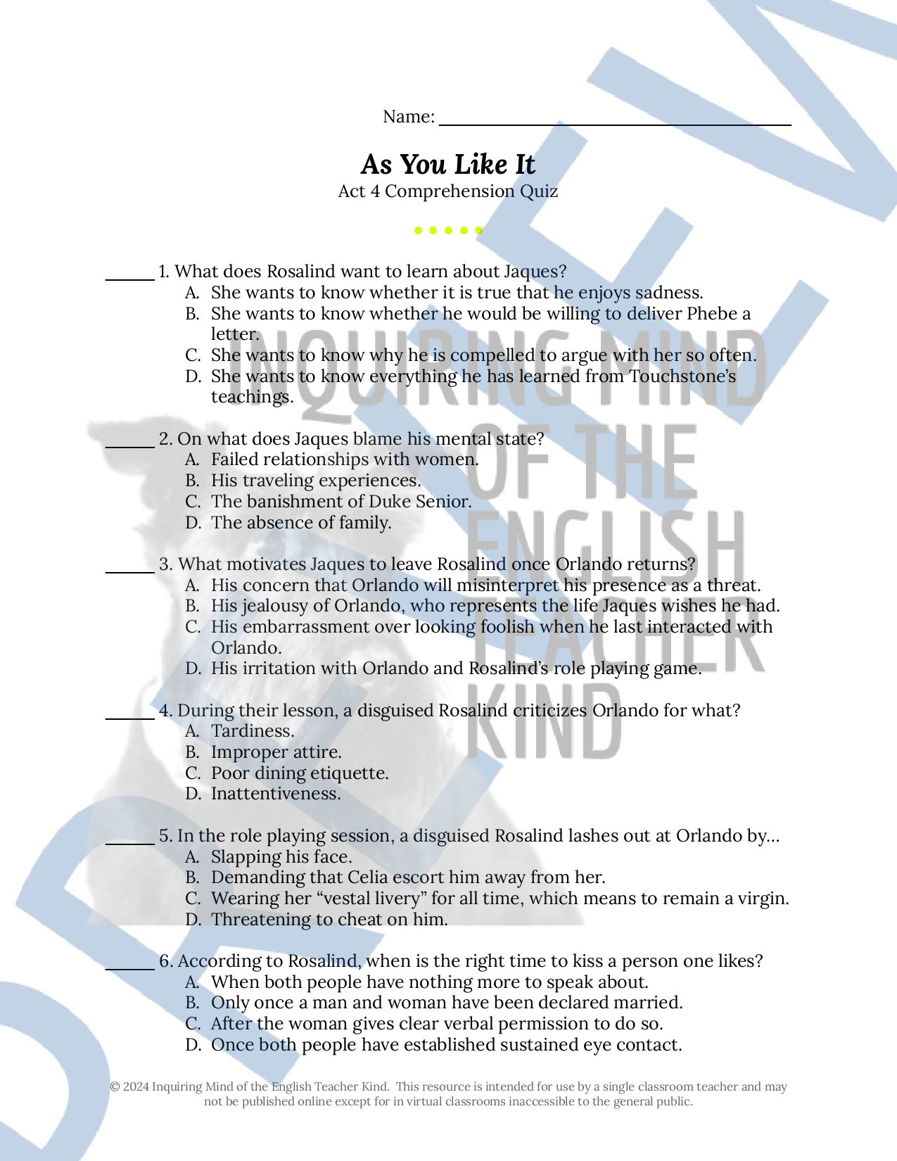 As You Like It Act 4 Quiz, Close Reading Worksheets, and Vocabulary ...