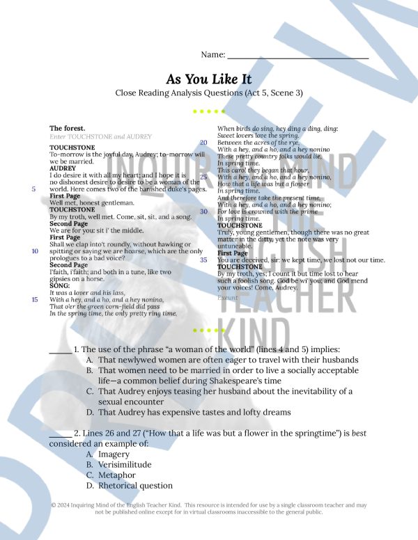 Shakespeare's As You Like It Act 5 Scene 3 Close Reading Analysis ...