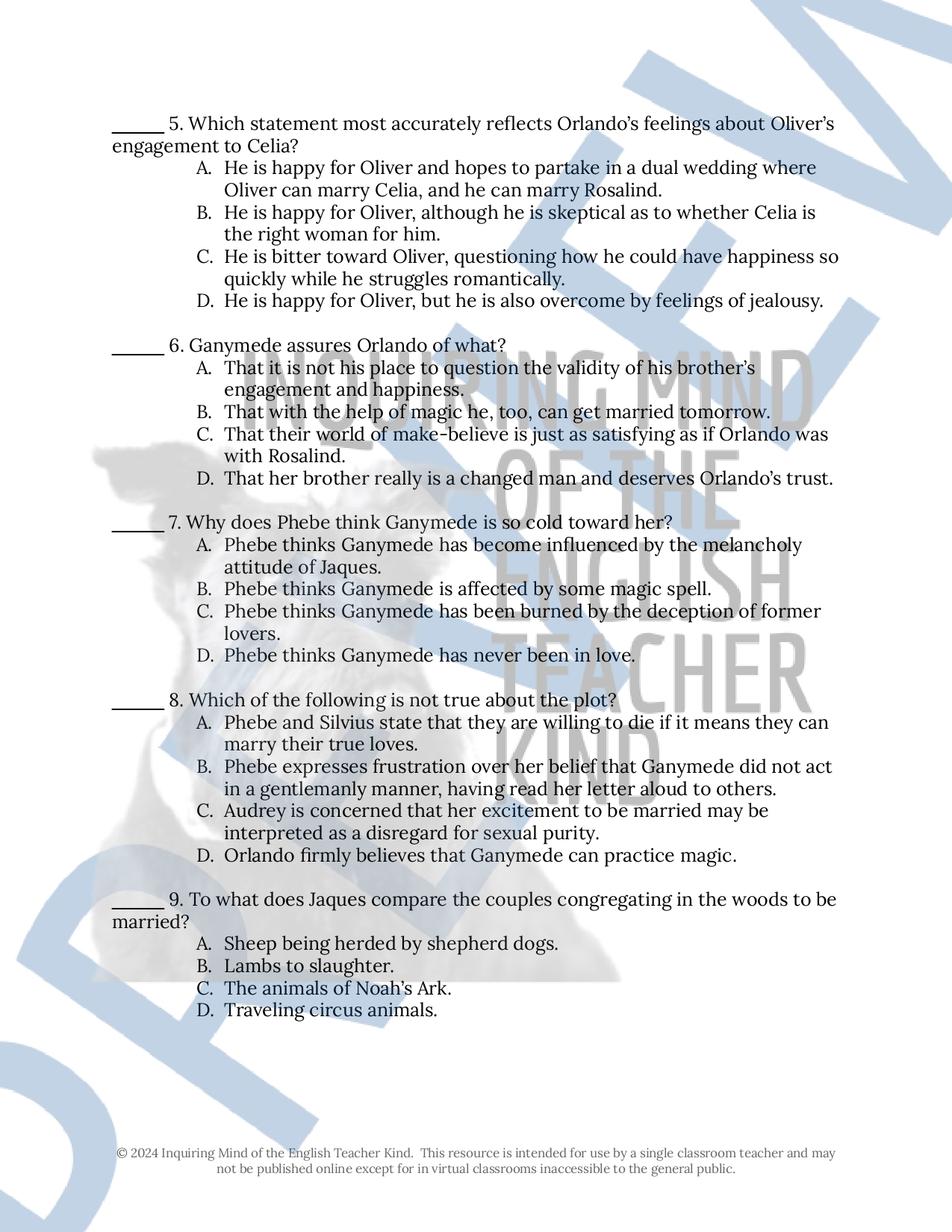 As You Like It Act 5 Quiz, Close Reading Worksheets, and Vocabulary ...