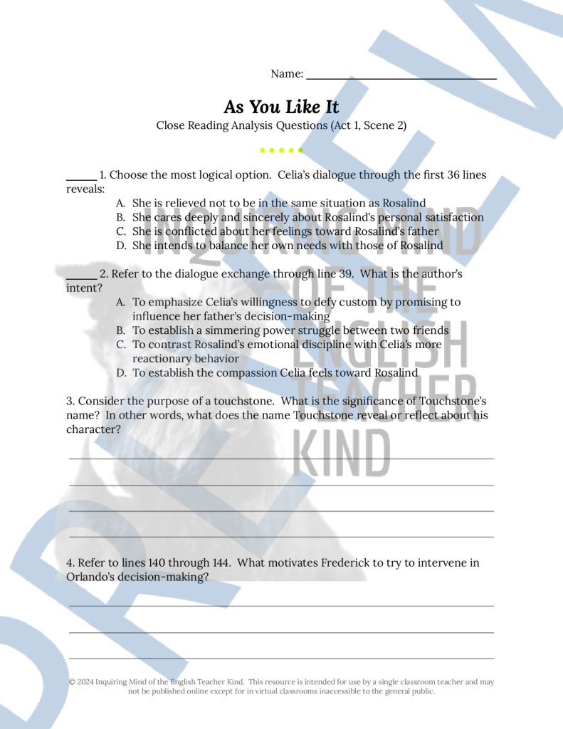 Shakespeare's As You Like It Close Reading Analysis Worksheets Bundle ...