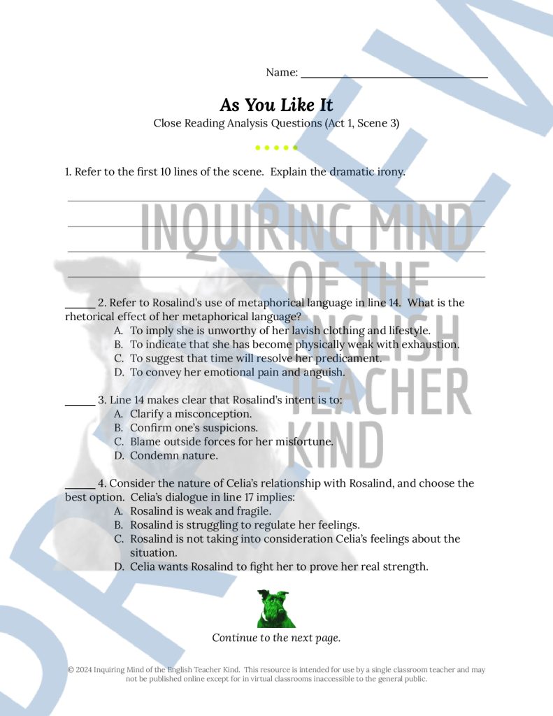 Shakespeare's As You Like It Close Reading Analysis Worksheets Bundle ...