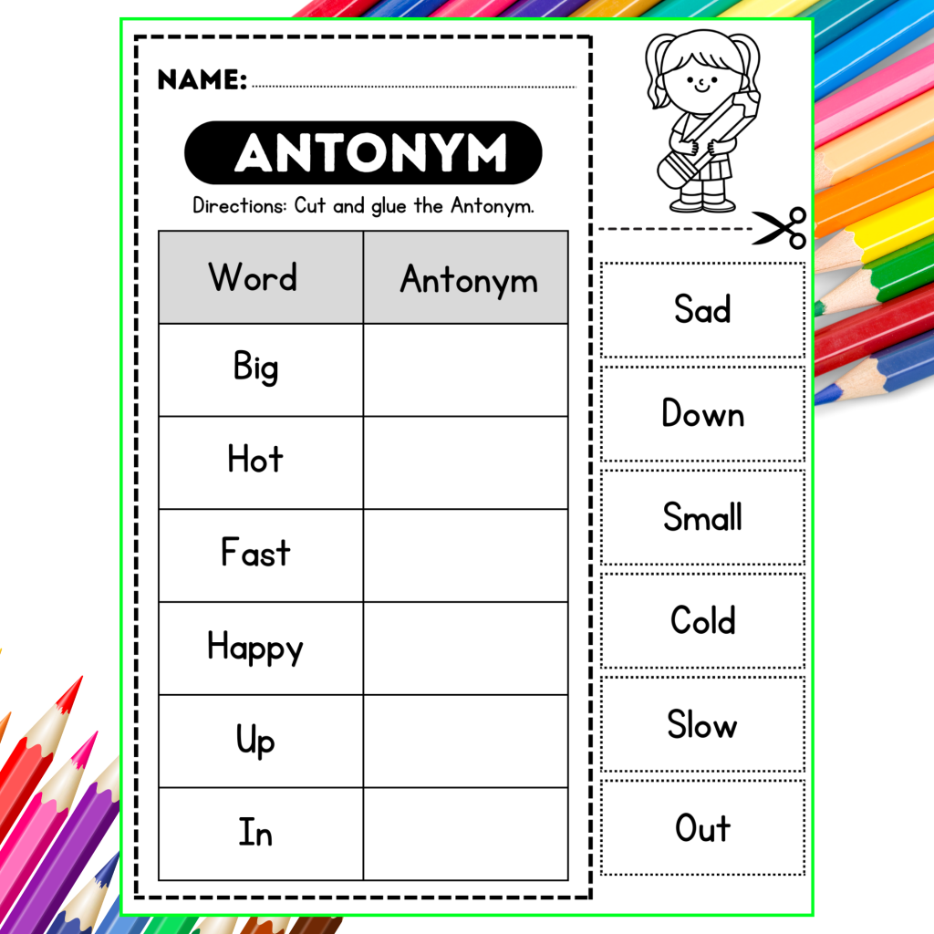 Antonym Worksheets|Cut and Paste Activities|Grammar Worksheets 1st and ...