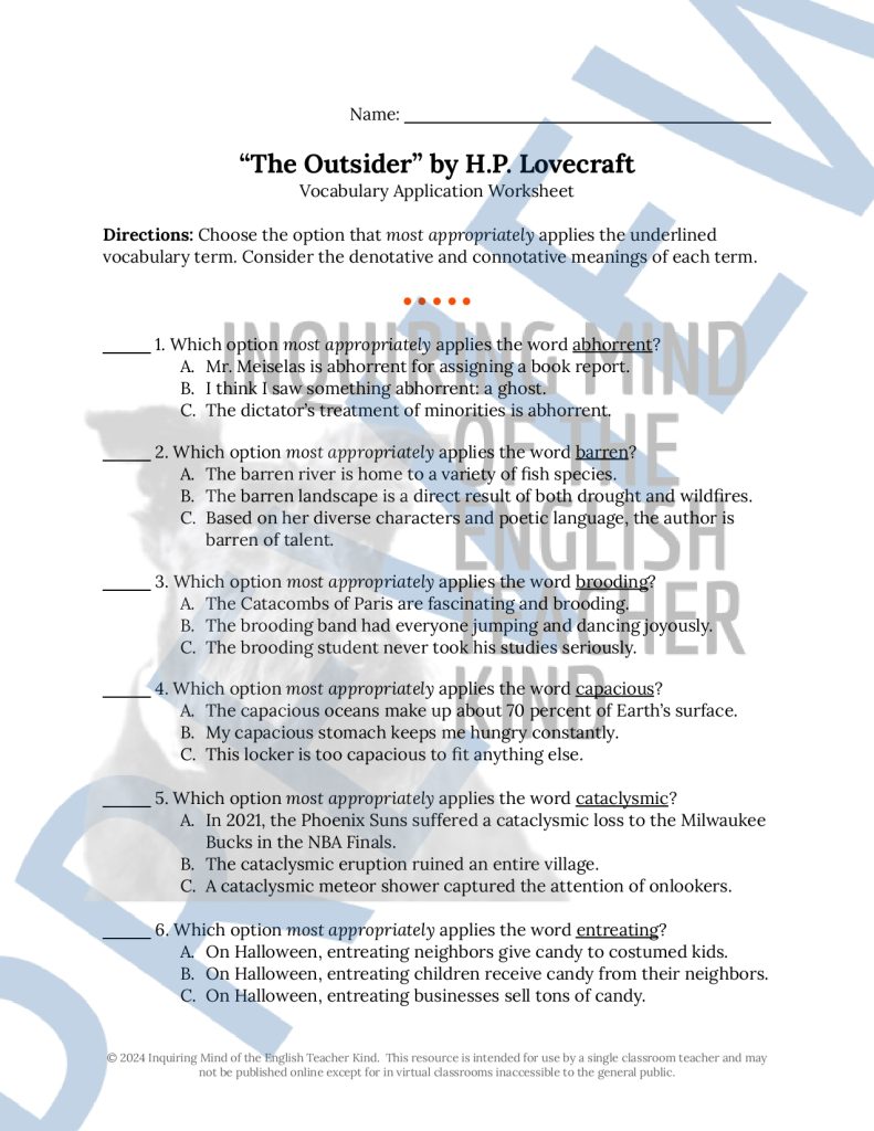 "The Outsider" by H.P. Lovecraft Quiz, Close Reading Worksheets, and ...