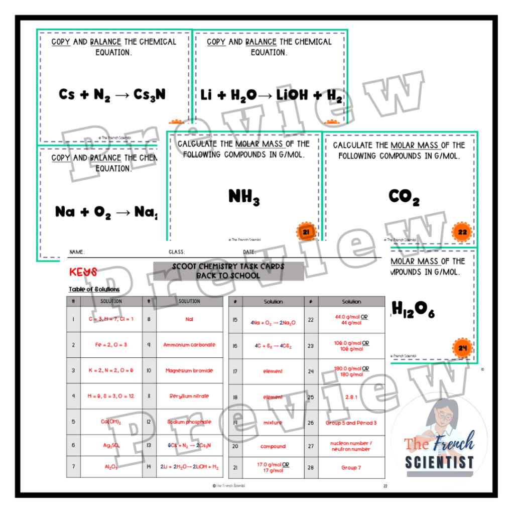 CHEMISTRY Scoot Back To School Task Cards Activity [Printable PDF ...