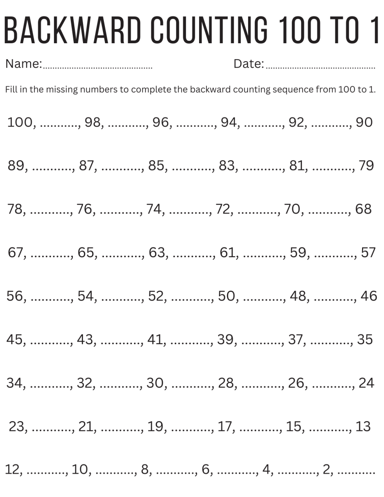 printable backward counting 100 to 1 worksheet for kindergarten - Made ...