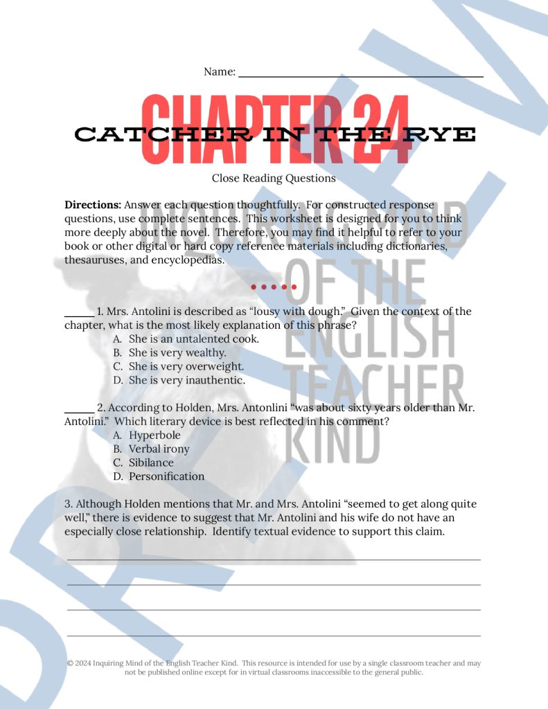 Catcher in the Rye Chapters 24-26 Quiz and Close Reading Worksheets ...