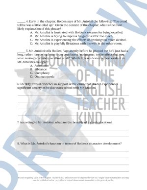 Catcher in the Rye Chapters 24-26 Quiz and Close Reading Worksheets ...