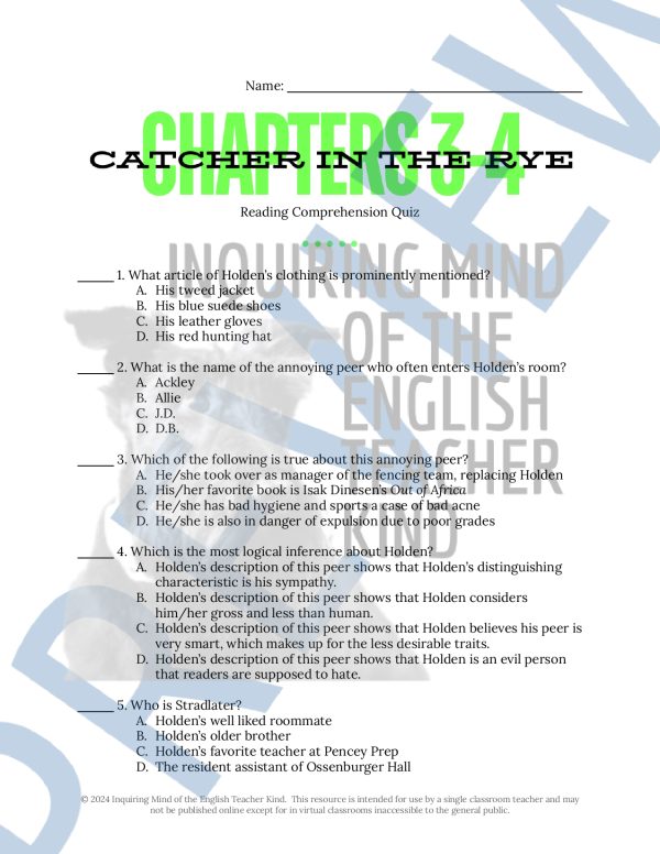 Catcher in the Rye Chapters 3 and 4 Quiz and Answer Key | Made By Teachers