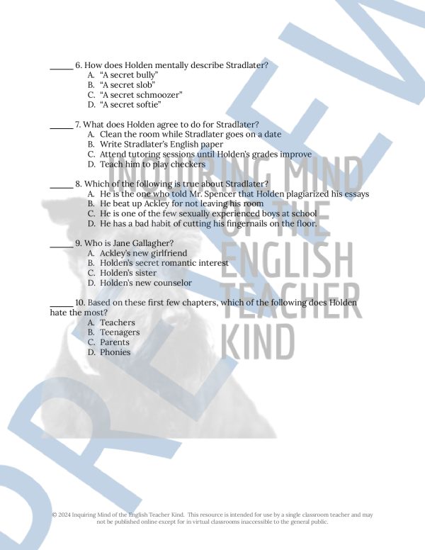 Catcher in the Rye Chapters 3 and 4 Quiz and Answer Key | Made By Teachers