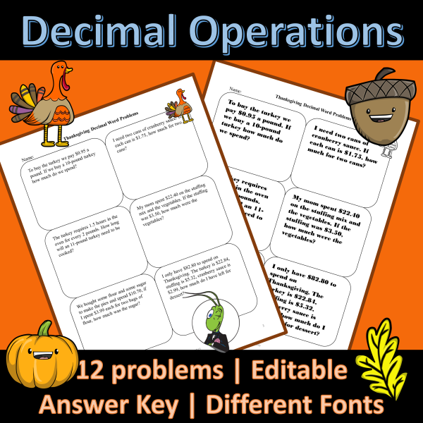 Thanksgiving Decimal Operations Word Problems Editable - Made By Teachers