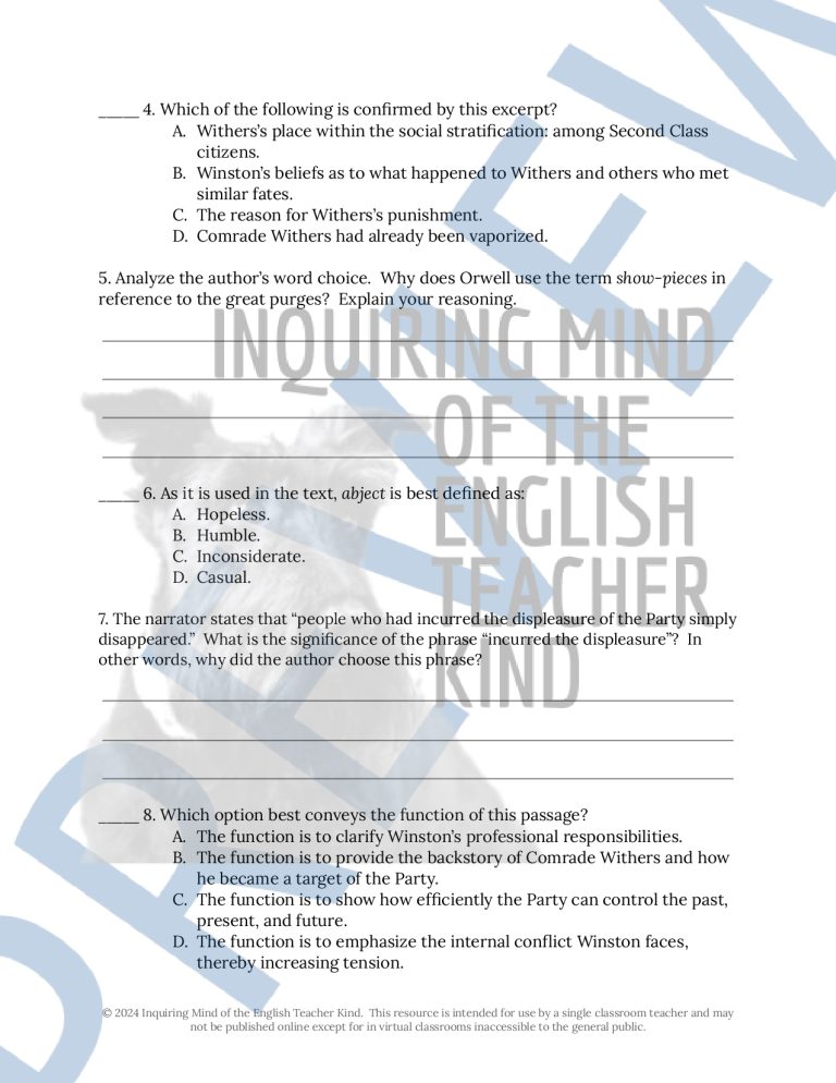 1984 Book 1 Chapter 4 Novel Analysis Worksheet | Dystopian Literature ...
