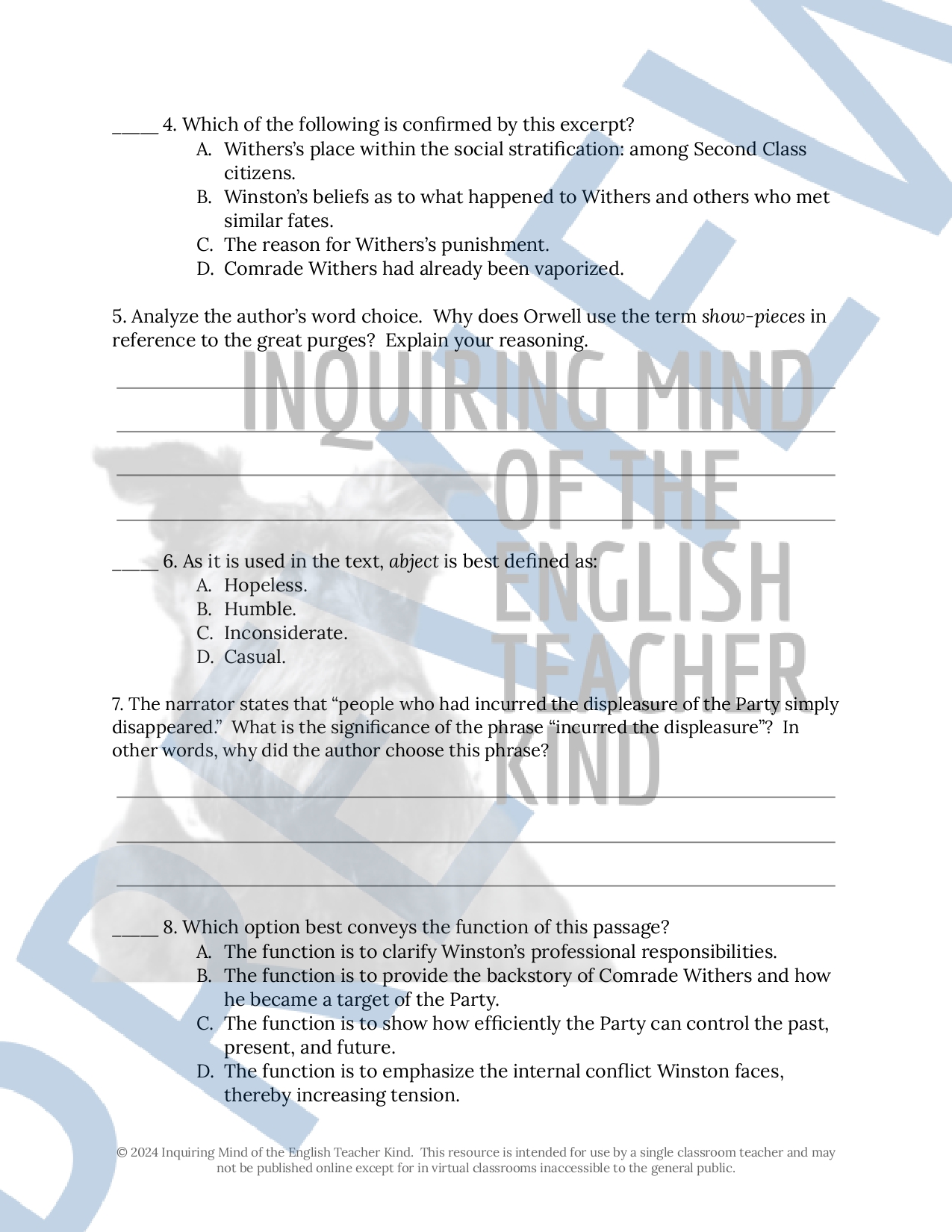 1984 Book 1 Chapter 4 Novel Analysis Worksheet | Dystopian Literature ...