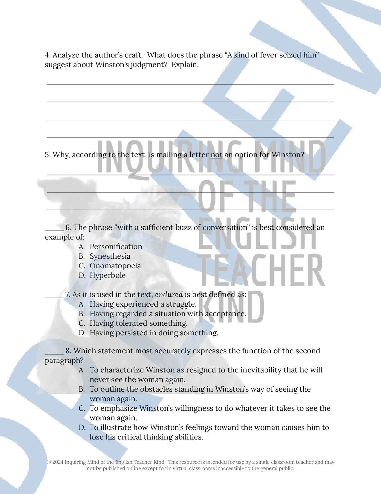 1984 Book 2 Chapter 1 Novel Analysis Worksheet | Dystopian Literature ...