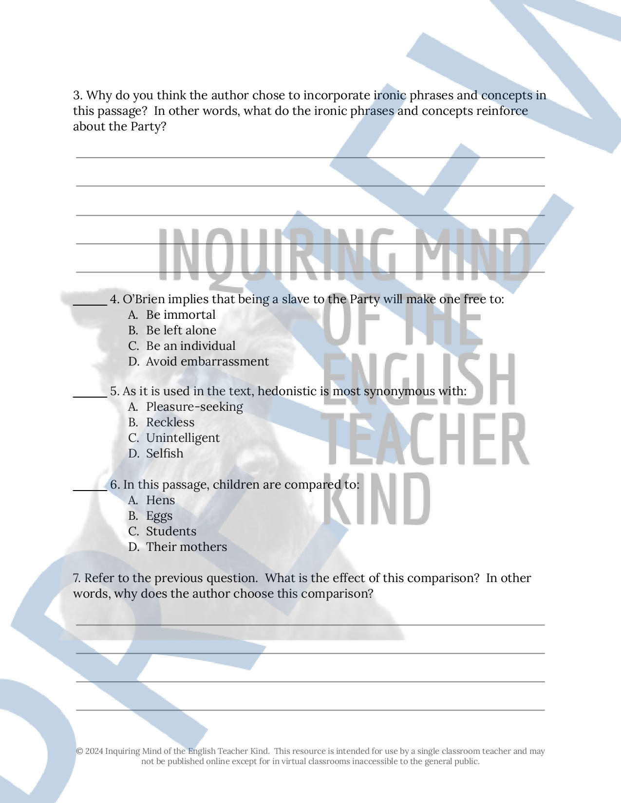 1984 Book 3 Chapter 3 Novel Analysis Worksheet | Dystopian Literature ...