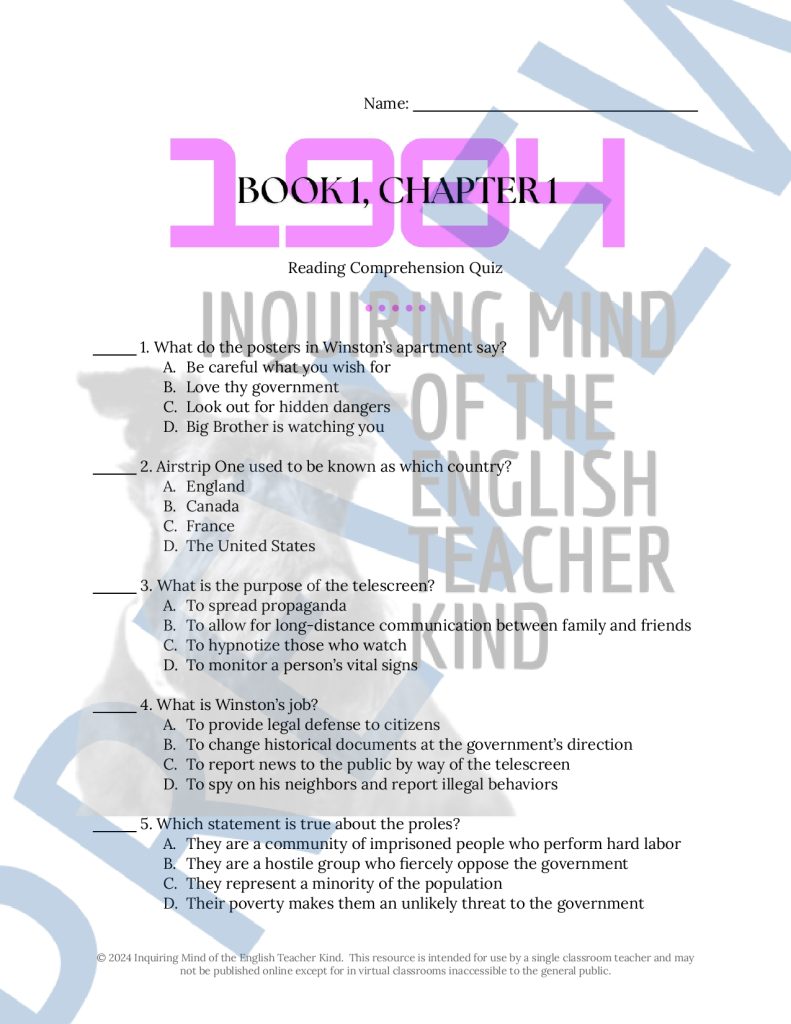 1984 Book 1 Chapter 1 Quiz and Answer Key for High School | Made By ...