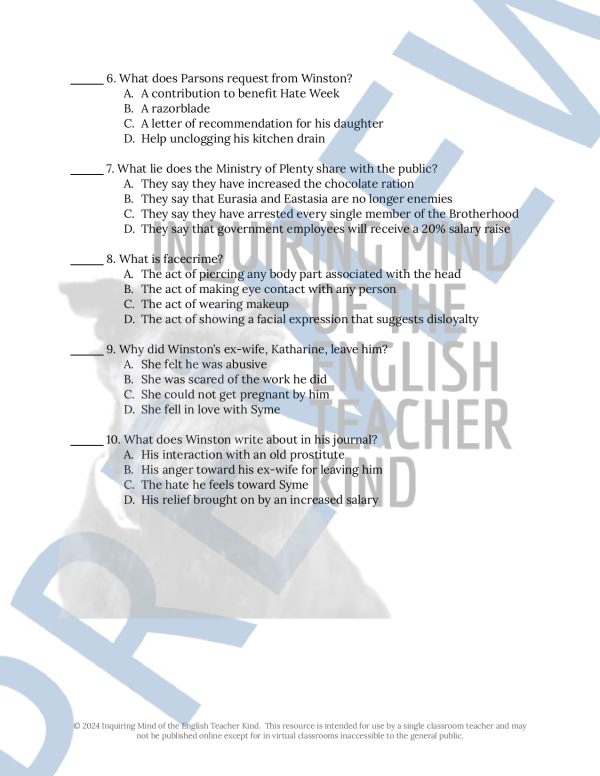 1984 Book 1 Chapters 4, 5, and 6 Quiz and Answer Key for High School ...