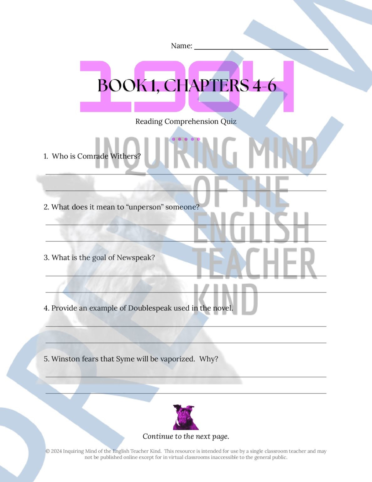 1984 Book 1 Chapters 4, 5, and 6 Quiz and Answer Key for High School ...